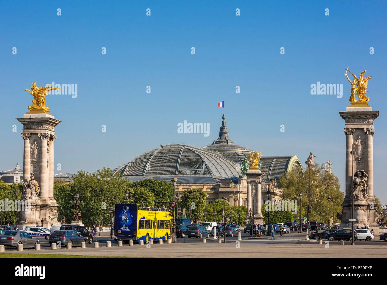 France, Paris, the Grand Palais and the Alexander III bridge pylons ...