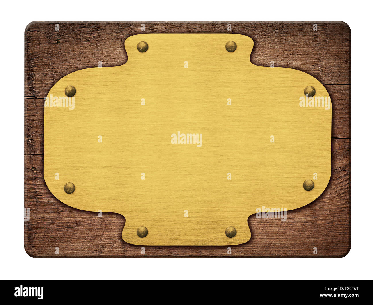 Composition of golden plaque, name plate, wooden board isolated on ...