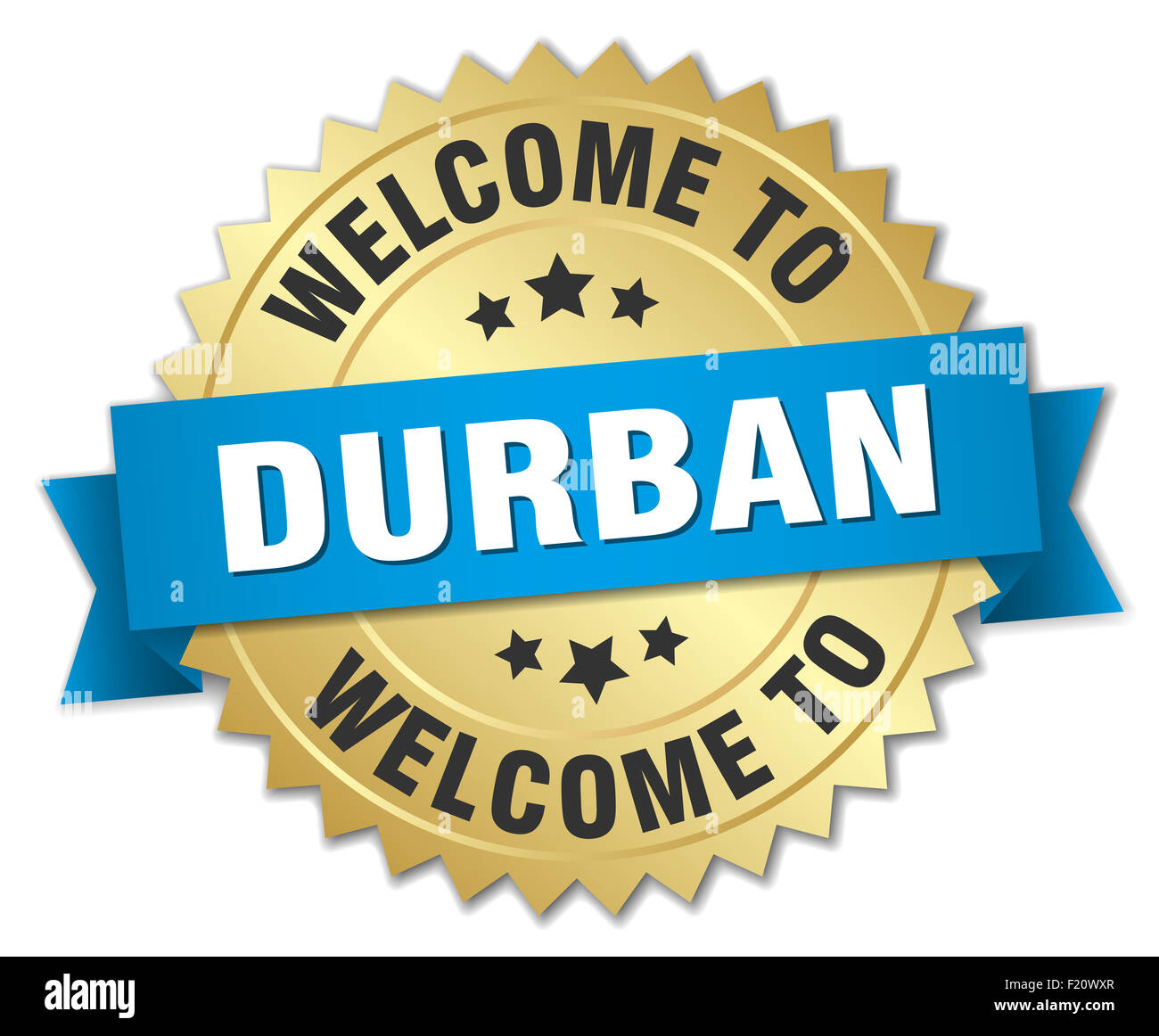 Durban 3d gold badge with blue ribbon Stock Photo - Alamy