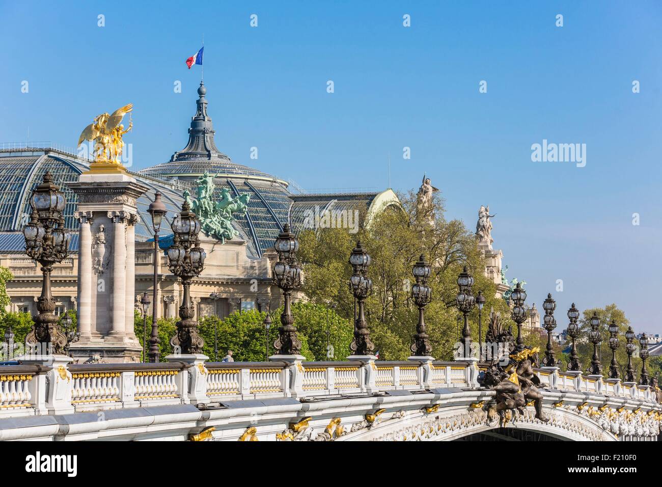 France, Paris, the Grand Palais and the Alexander III bridge pylons ...
