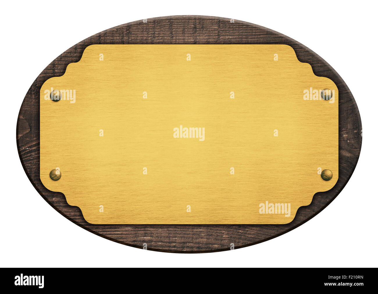 Composition of golden plaque, name plate, wooden board isolated on ...