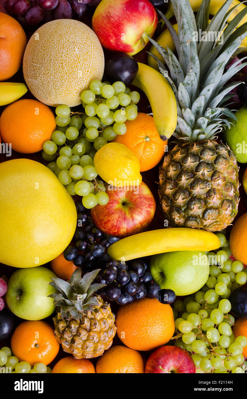 still life of big heap multi-coloured fruits, background Stock Photo ...