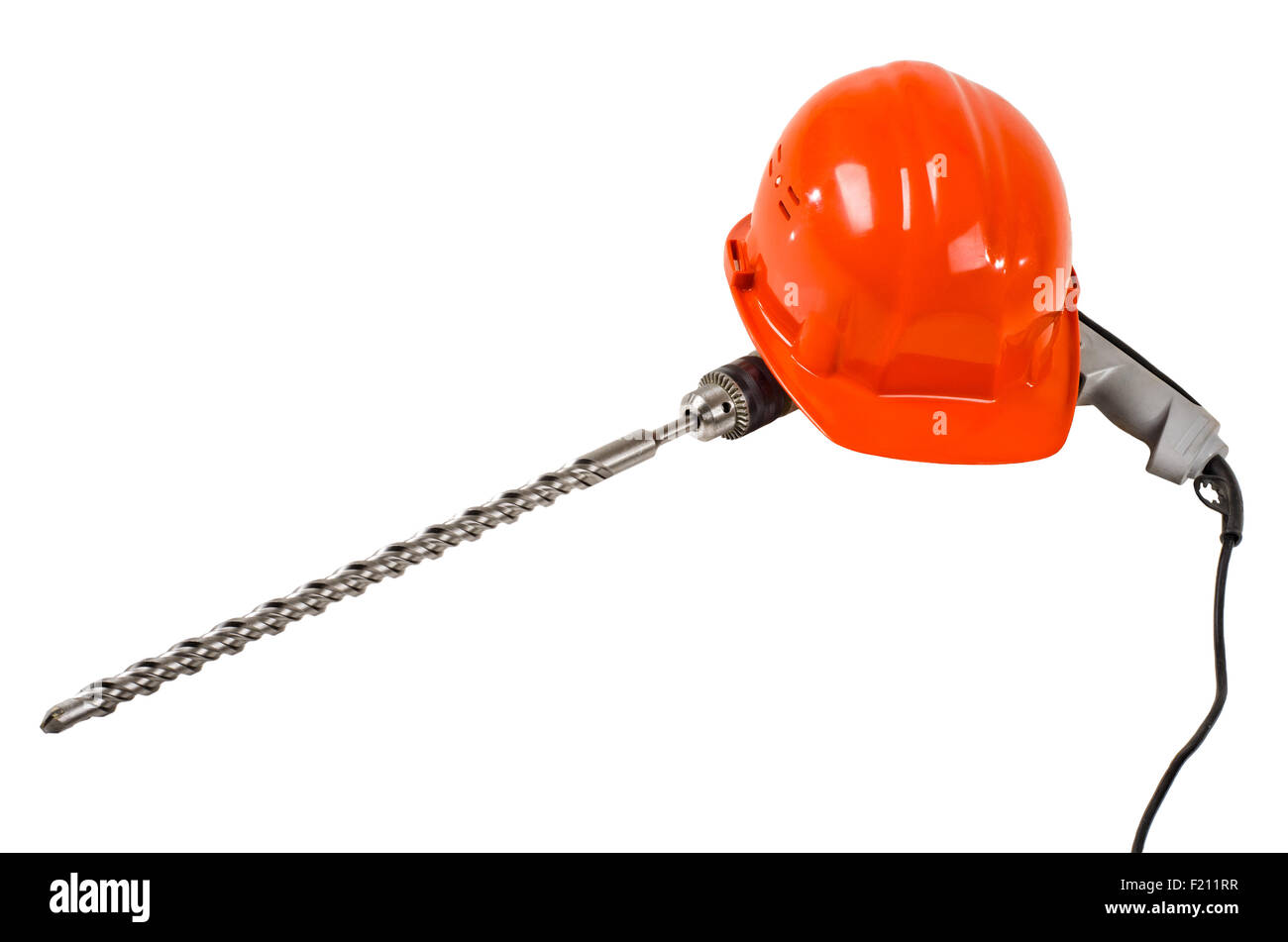 photo red safety cap and perforator with stone-drill, close up on white ...