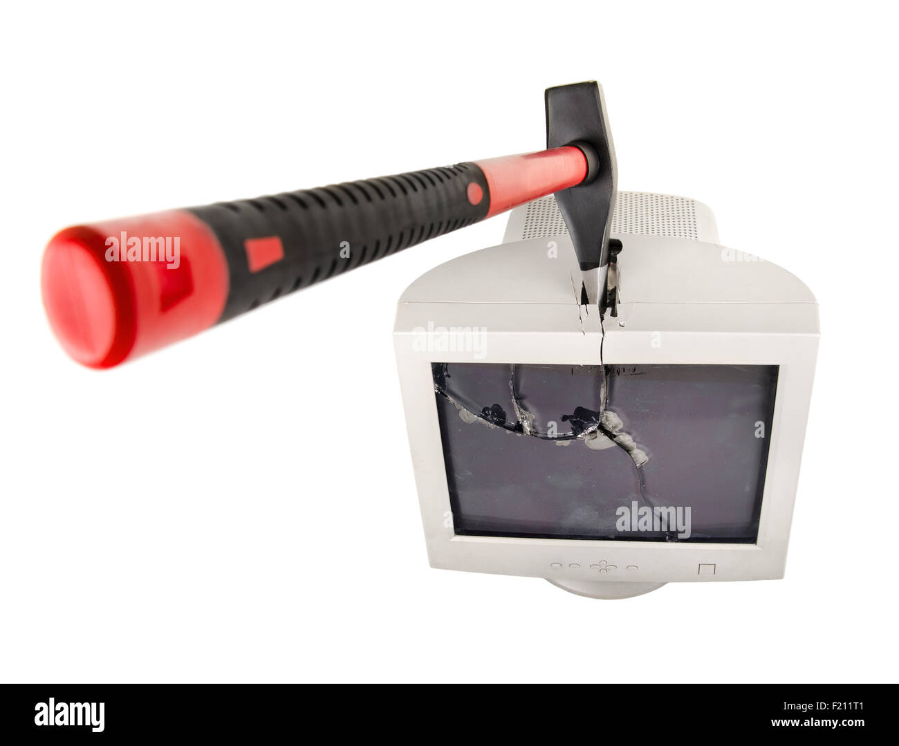 white crash monitor with red axe, on white background, isolated Stock ...