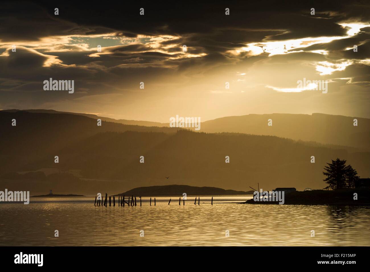 United Kingdom, Scotland, Isle of Mull, Salen, Old pier at sunrise ...