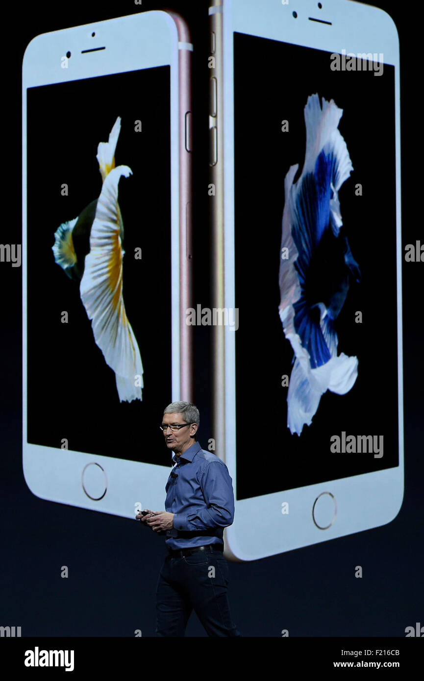 San Francisco. 9th Sep, 2015. Apple CEO Tim Cook introduces the new ...
