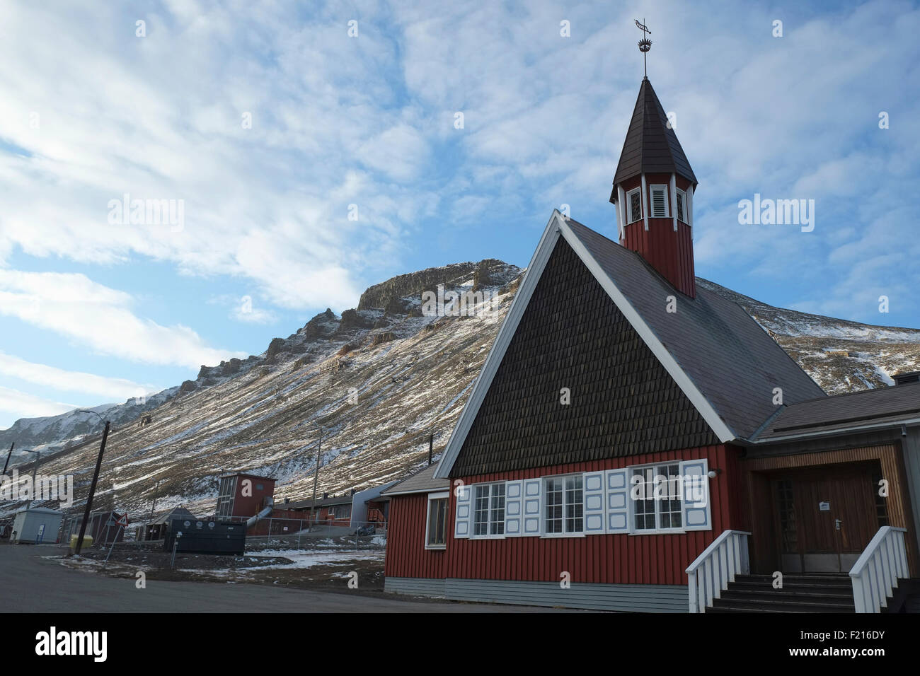 Norway, Svalbard, Longyearbyen, Svalbard Church (Kirke) and remains of ...
