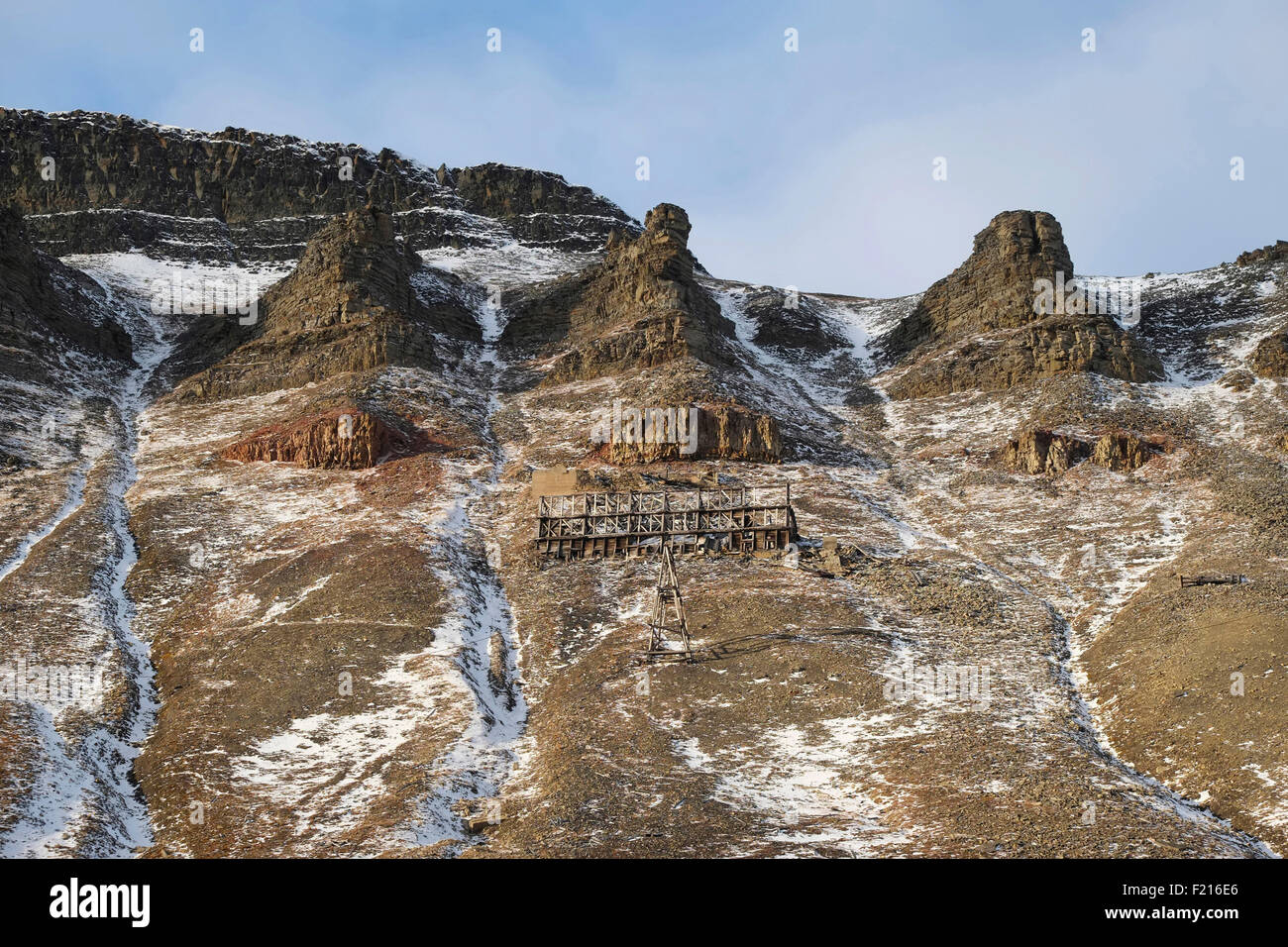 Norway, Svalbard, Longyearbyen,Valley side, Old coal mine and cable way ...