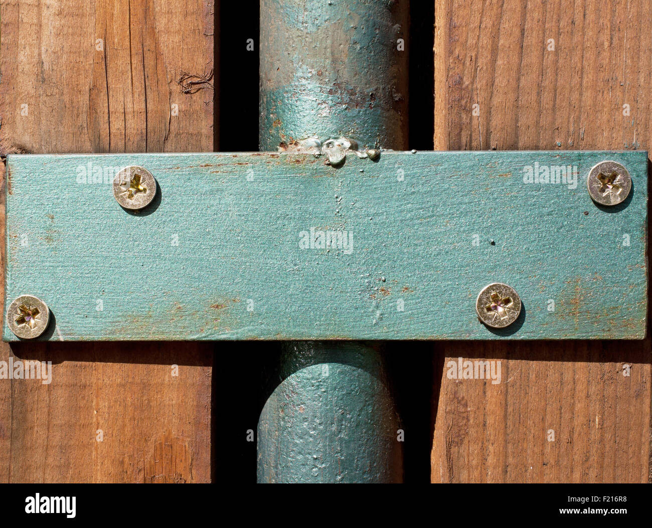 Metal plate screwed on wooden fence planks Stock Photo - Alamy