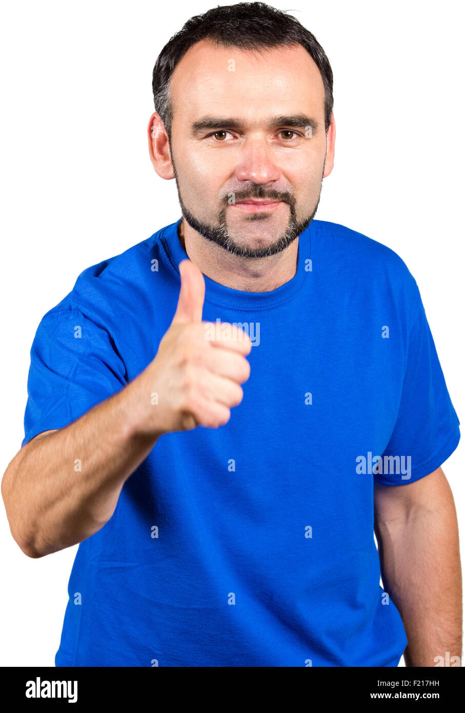 Positive bearded man wearing blue shirt showing thumb up isolated on ...