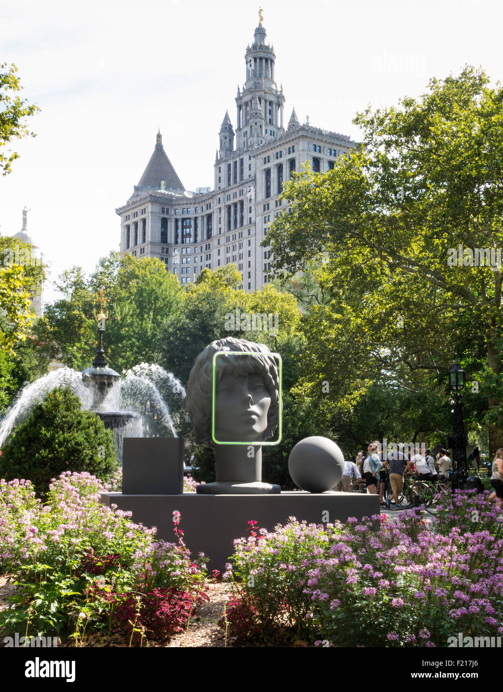 Artwork and The Mould Fountain, City Hall Park, NYC 2015 Stock Photo ...