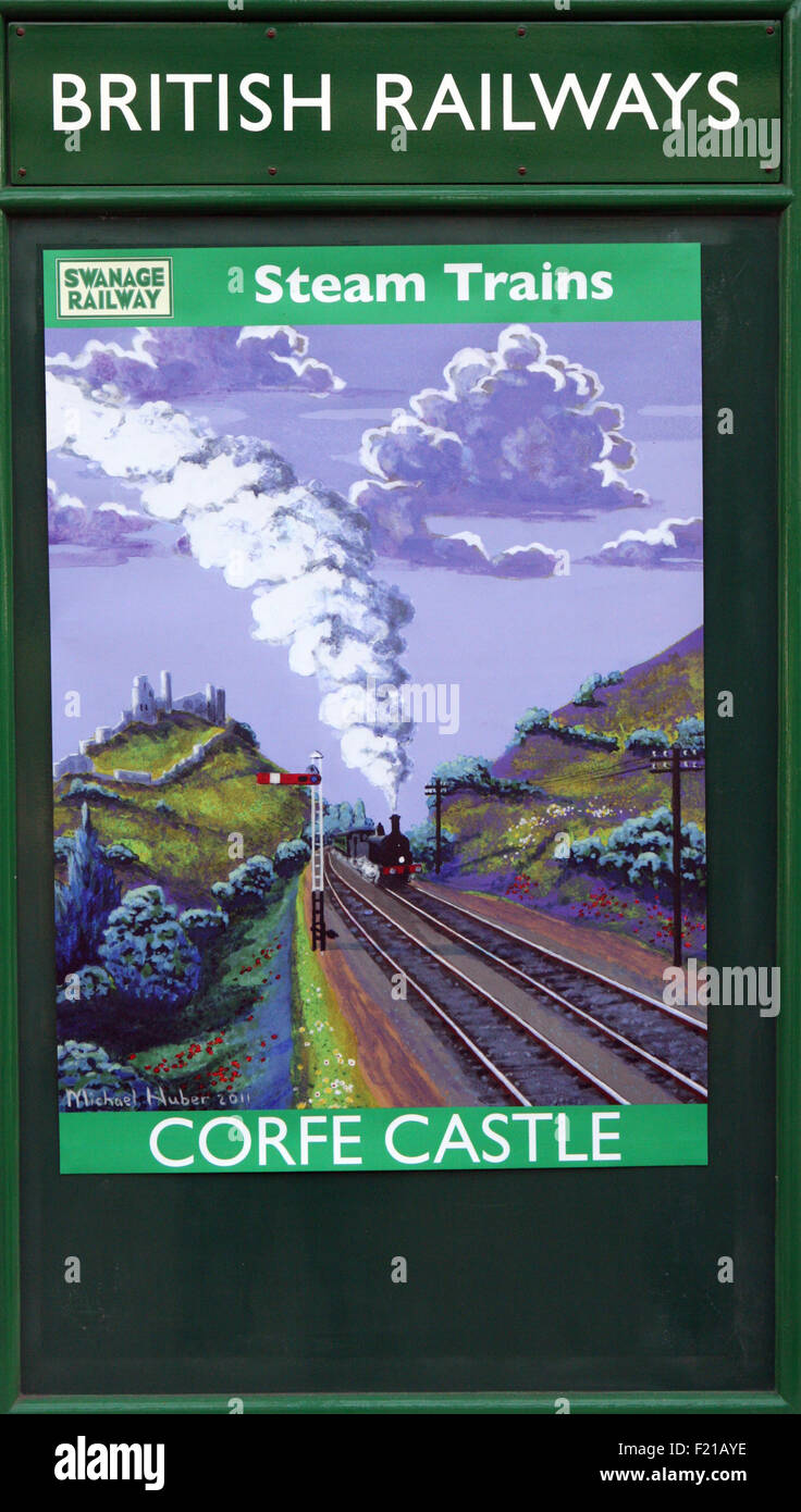 BR poster print of Corfe Castle steam trains Stock Photo - Alamy