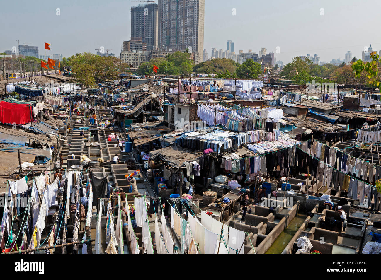 India, Maharashtra, Mumbai, The open-air laundry or dhobi ghat ...