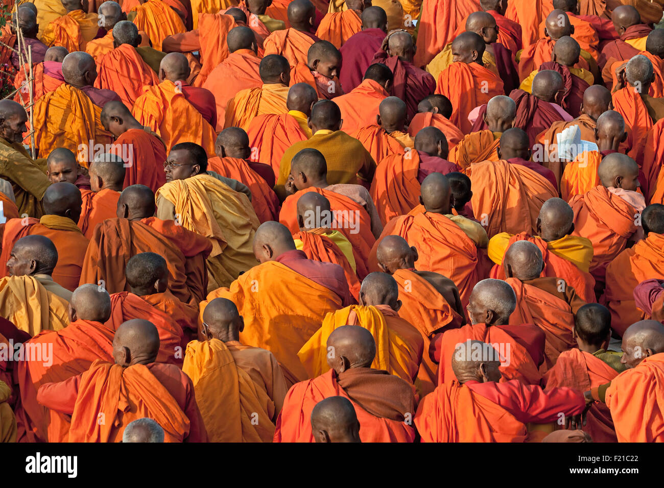 India, Bihar, Bodhgaya, Large group of seated monks, in the grounds of ...