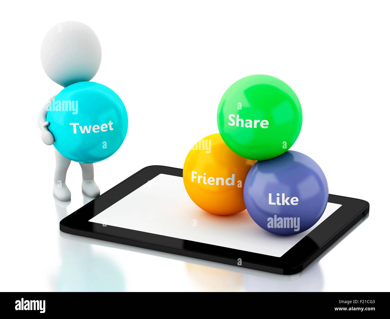 3d renderer image. White people with tablet pc and social media bubbles ...