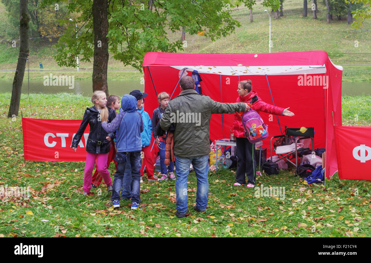 World Tourism Day.Sport tourism competition in park on the river Vitba ...