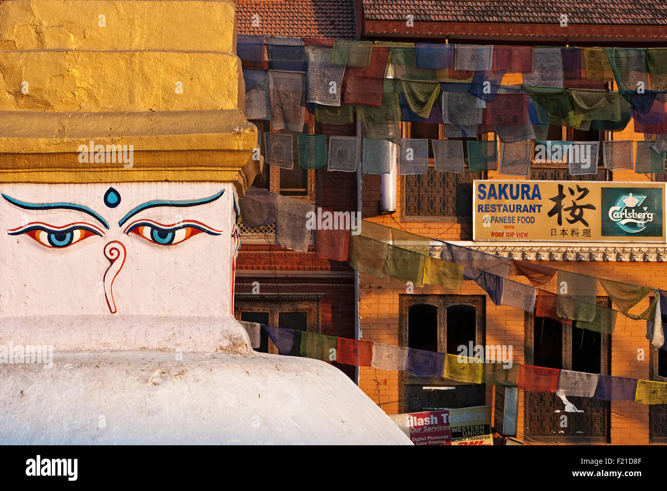 Nepal Kathmandu Face on mini stupa next to the Great Stupa close-up in ...