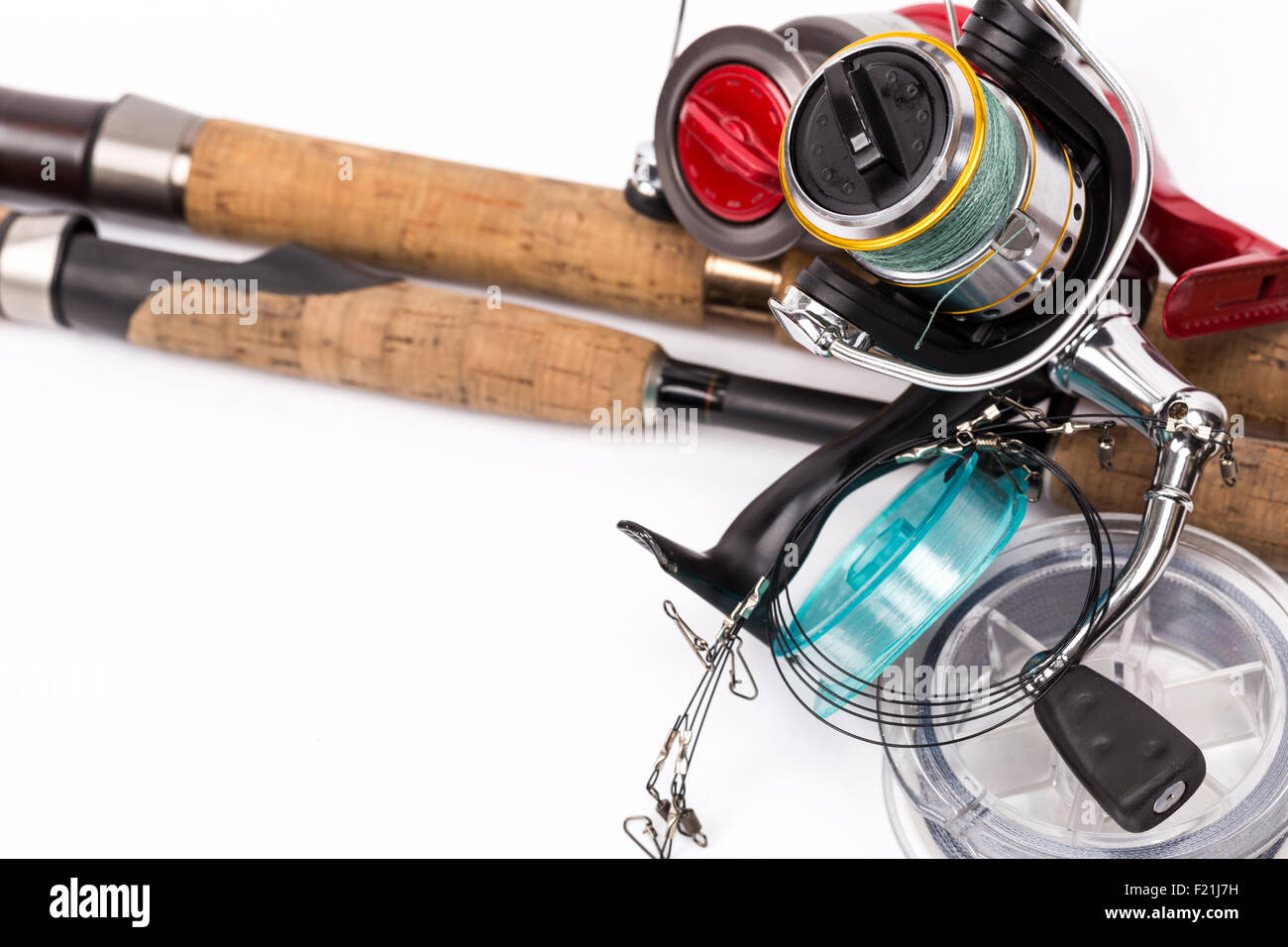 fishing tackles rods, reels, line and lures on white background Stock ...