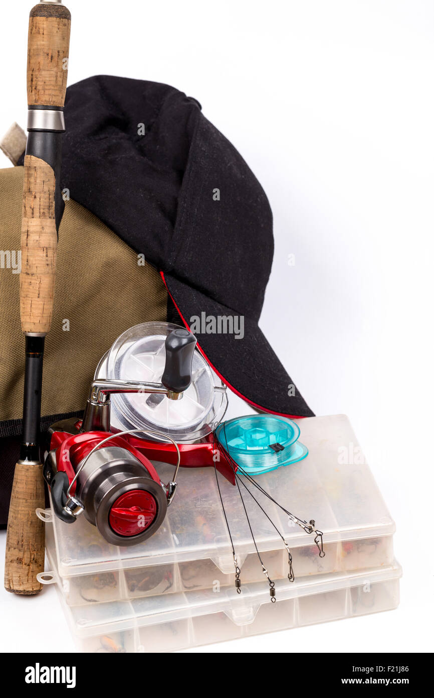 fishing tackles rod, reel, line and lure in box. Prepare fishing ...