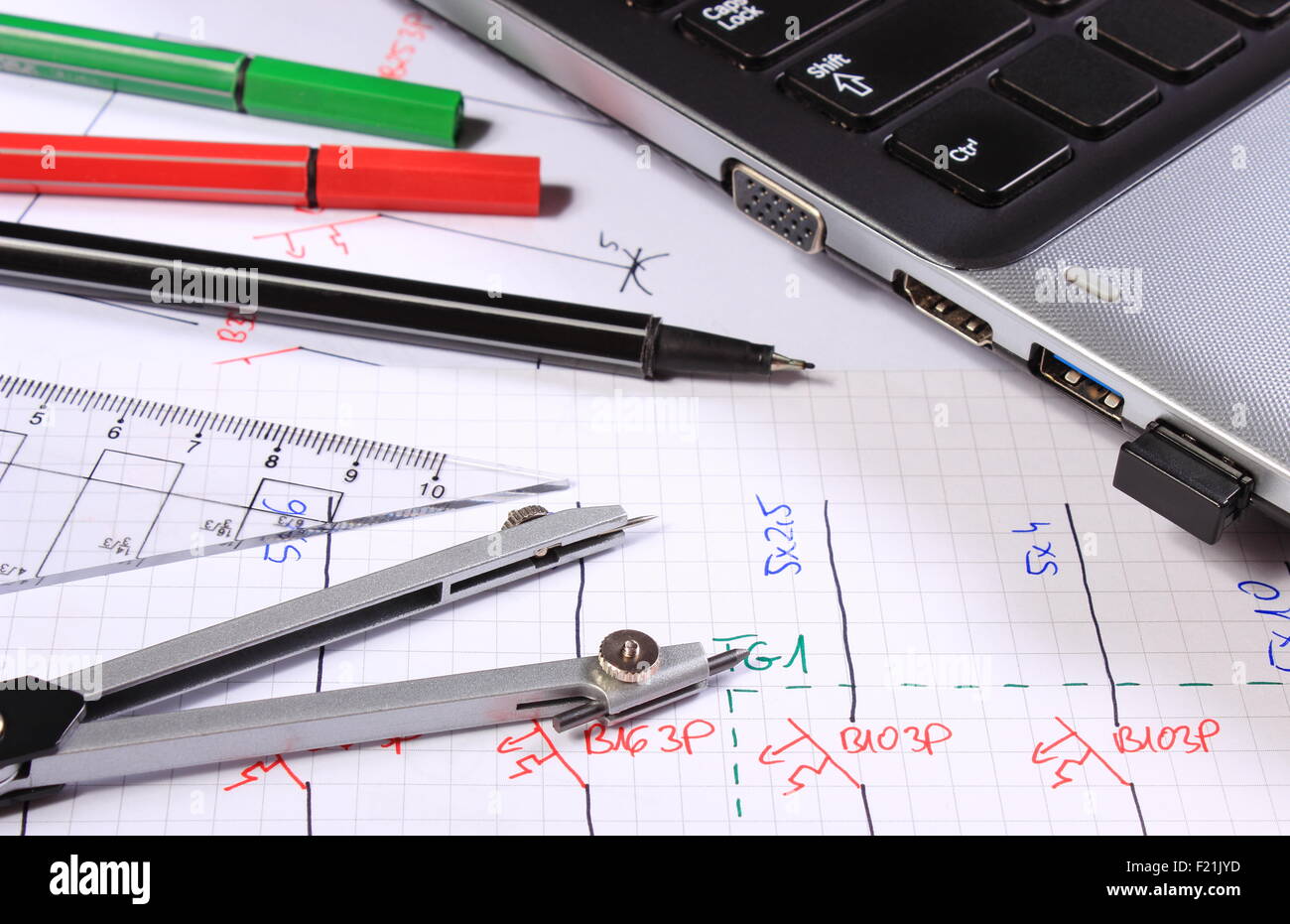 Electrical diagrams, accessories for drawing and laptop, drawings and ...