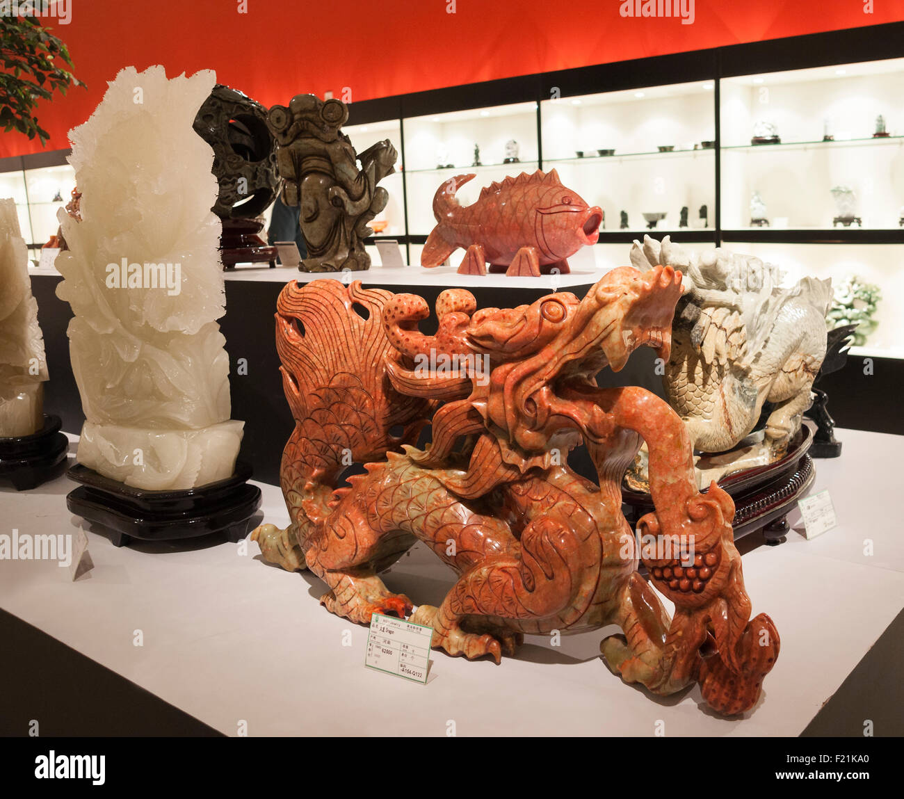 Finished pieces of carved jade art work on display in a store, Shanghai ...