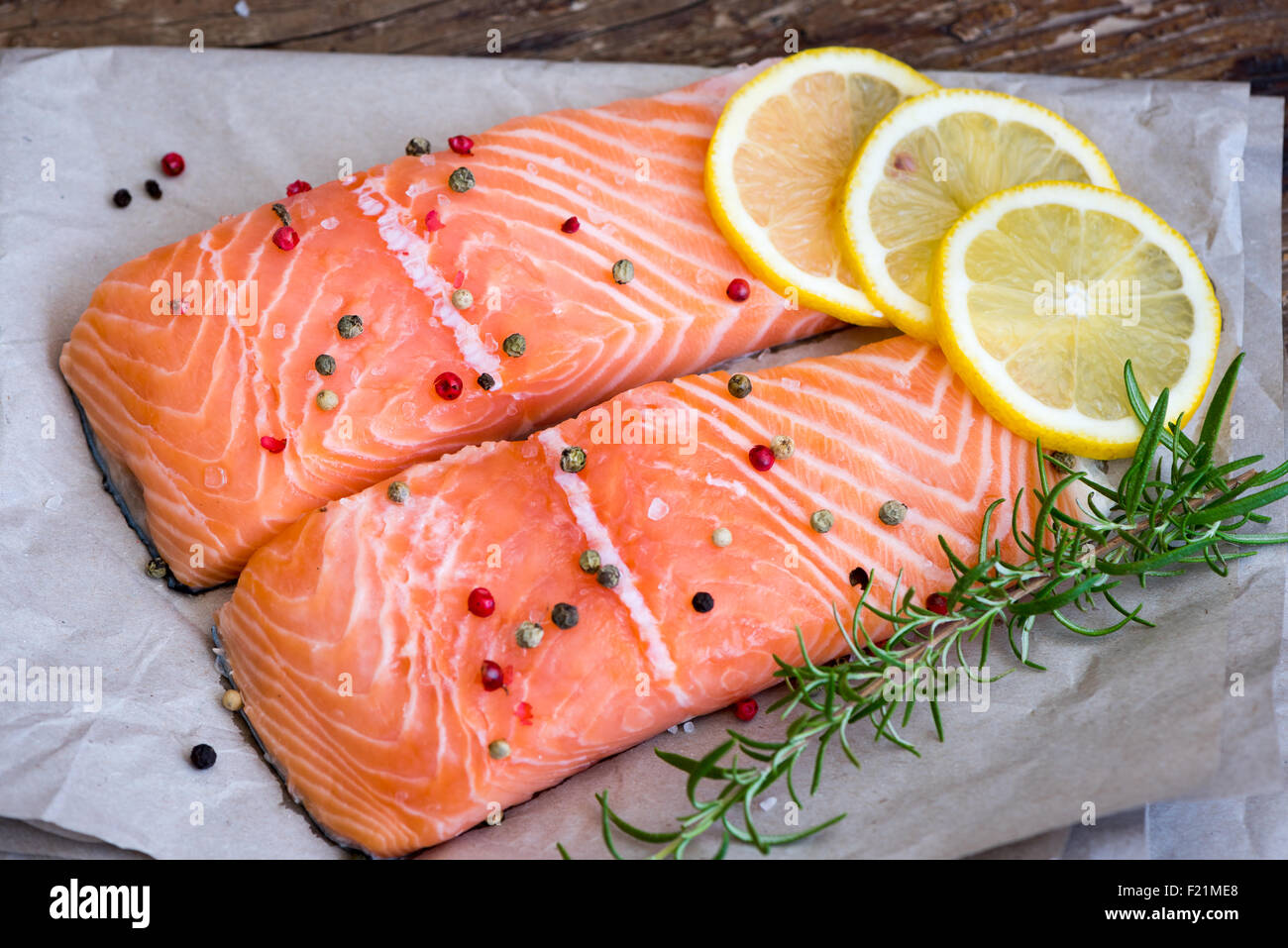 Detail of Raw Salmon Fish Fillet with Lemon, Spices and Fresh Herbs ...