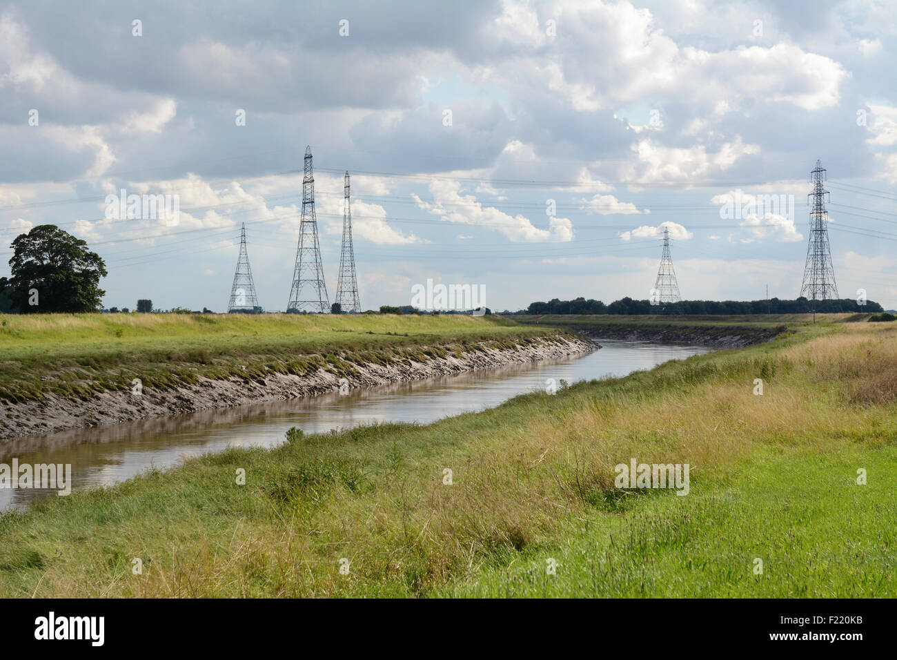 Overhead power lines span the River Nene at Foul Anchor, Cambridgeshire ...