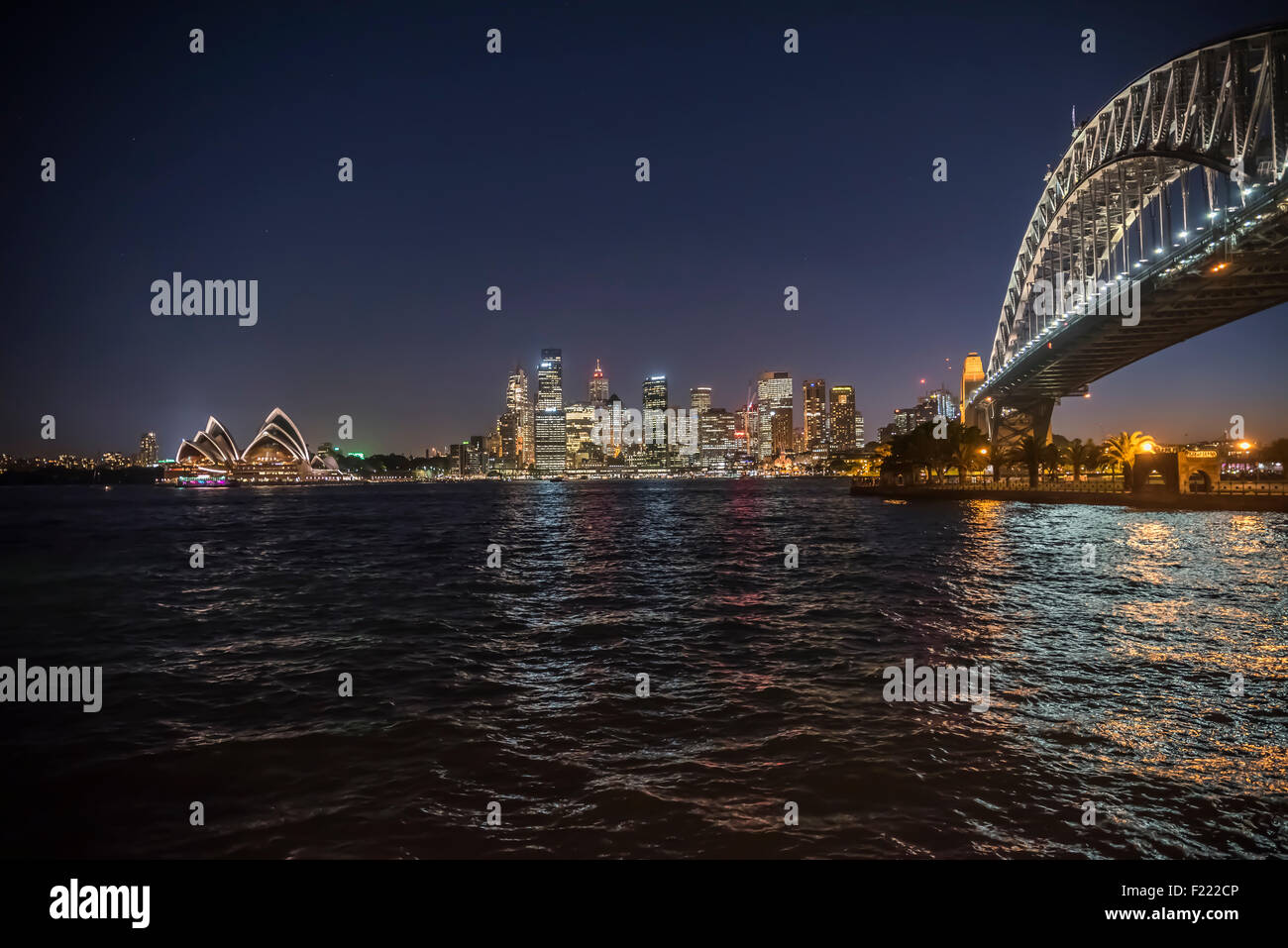 Sydney Harbour Bridge and Circular Quay from Milsons Point at night ...