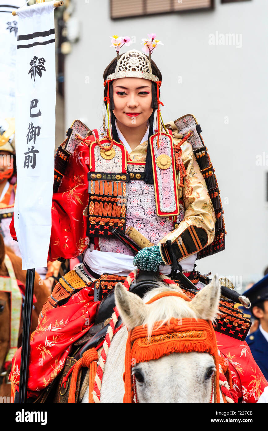 Genji festival parade in Tada, Japan. Close up of young woman on ...