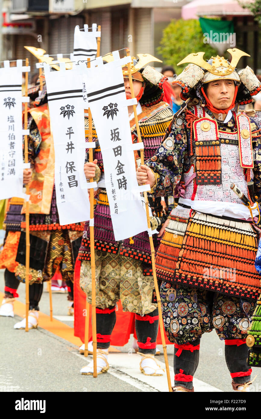 Genji festival parade in Japan. Japanese men dressed as samurai in full ...