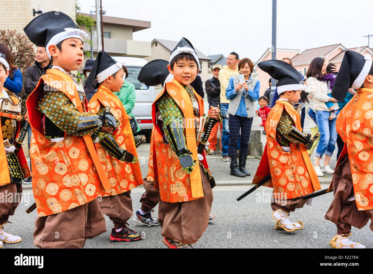 Genji Festival parade in Japan.Young children, boys, 8-10 year old ...