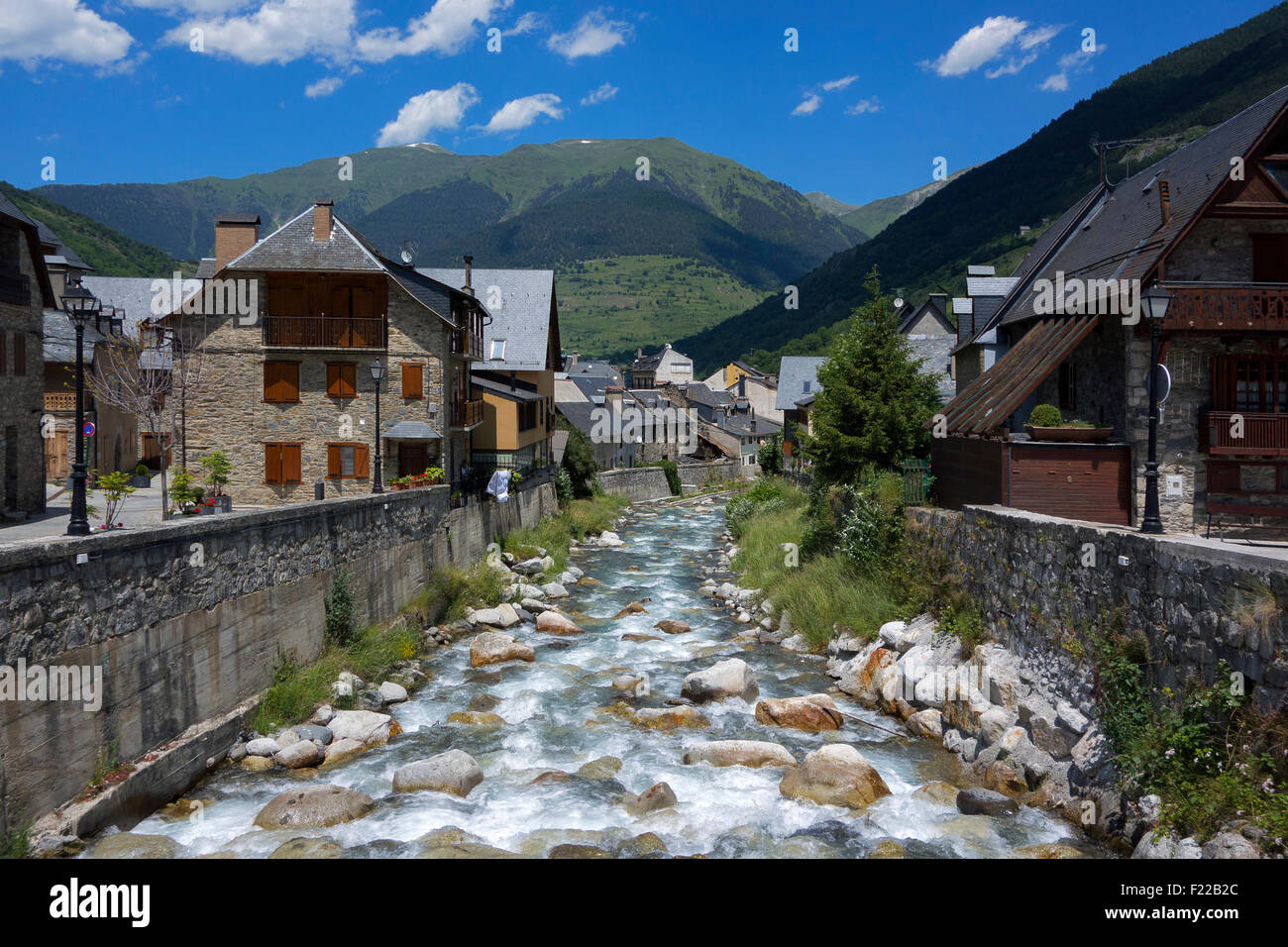 Viella (Vielha) and Garona river. Vall d´Aran. Pyrenees. Catalunya ...