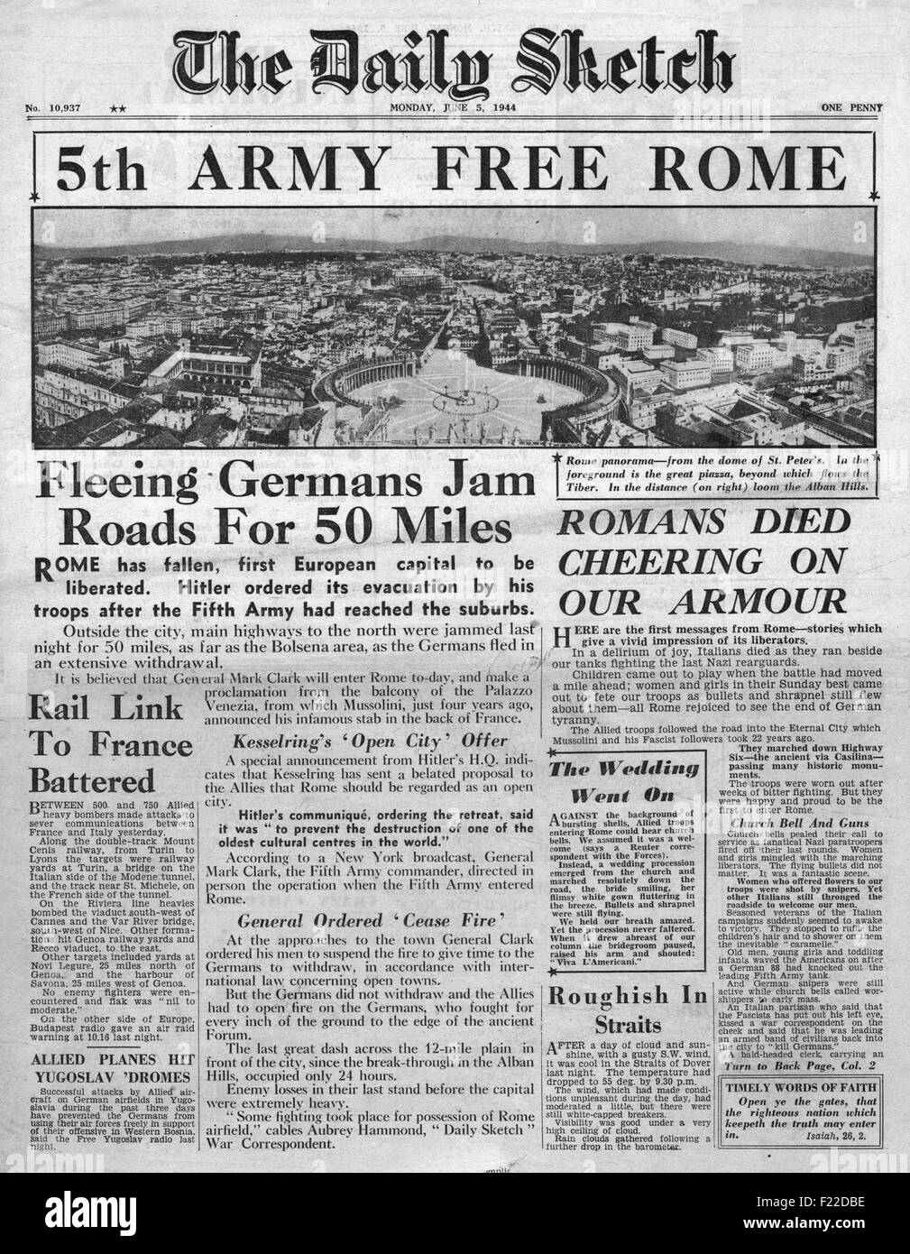 1944 Daily Sketch front page reporting Rome Falls to advancing Allied ...