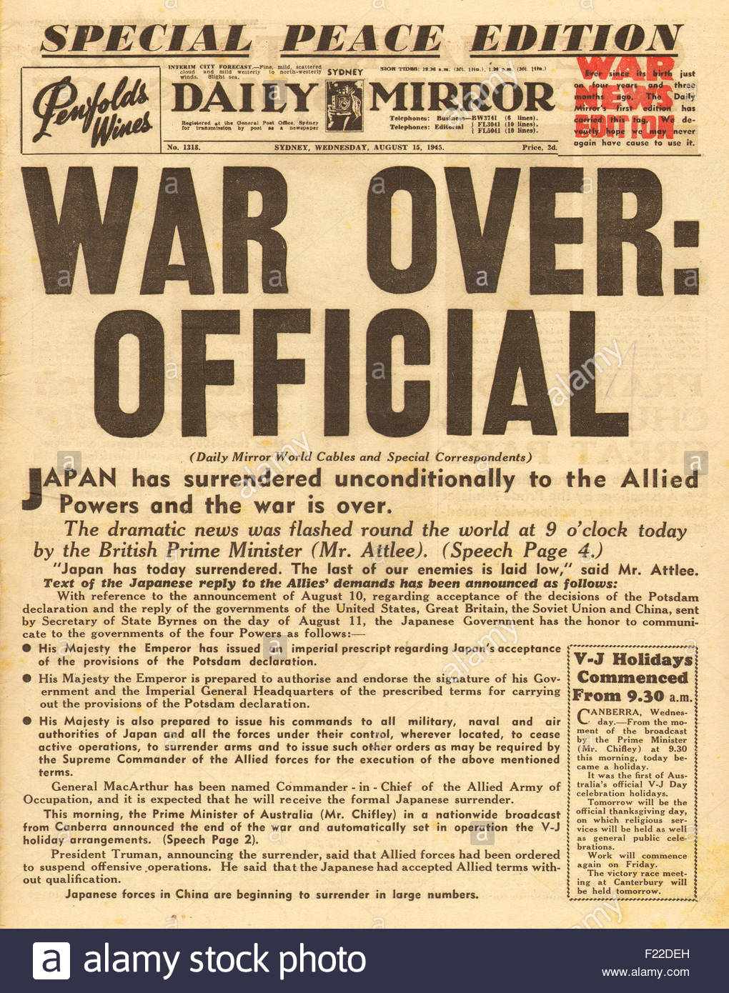 Front Page 1945 Britain War Stock Photos & Front Page 1945 Britain War ...