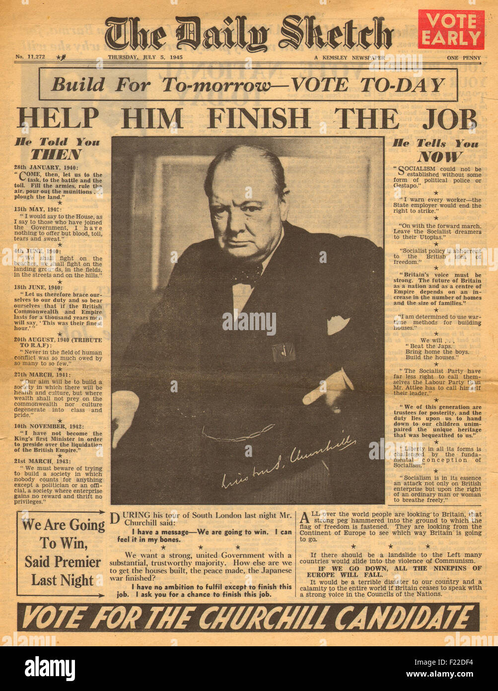 1945 Daily Sketch front page reporting British General Election Stock ...