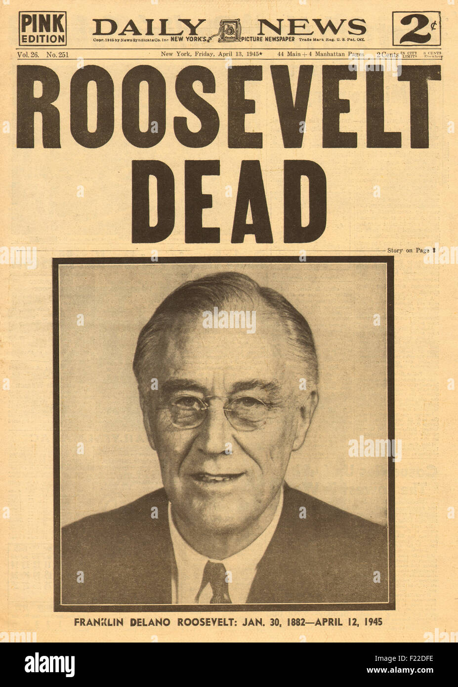 1945 Daily News (New York) front page reporting the death of President ...