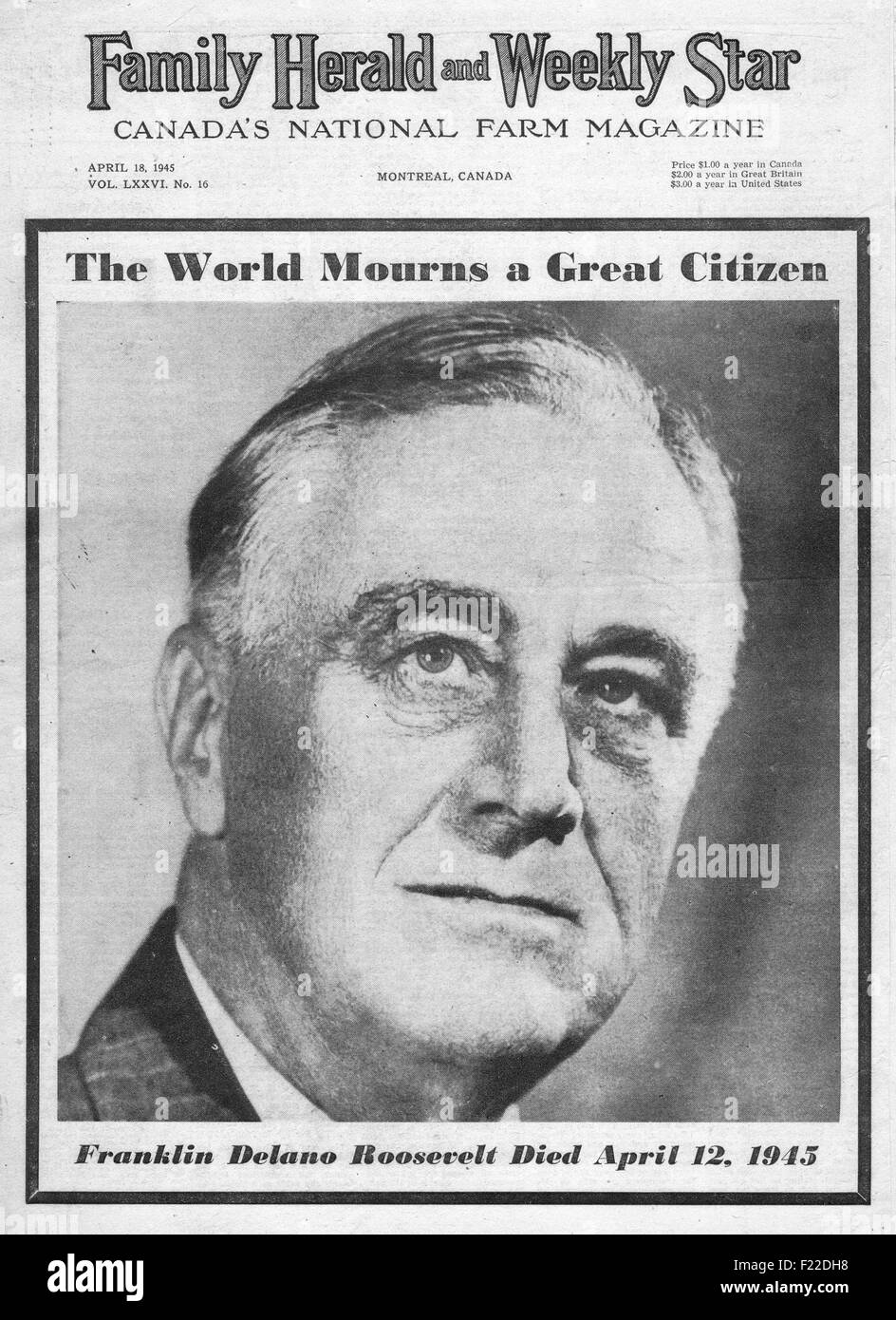 1945 Family Herald & Weekly Star front page reporting the Death of ...