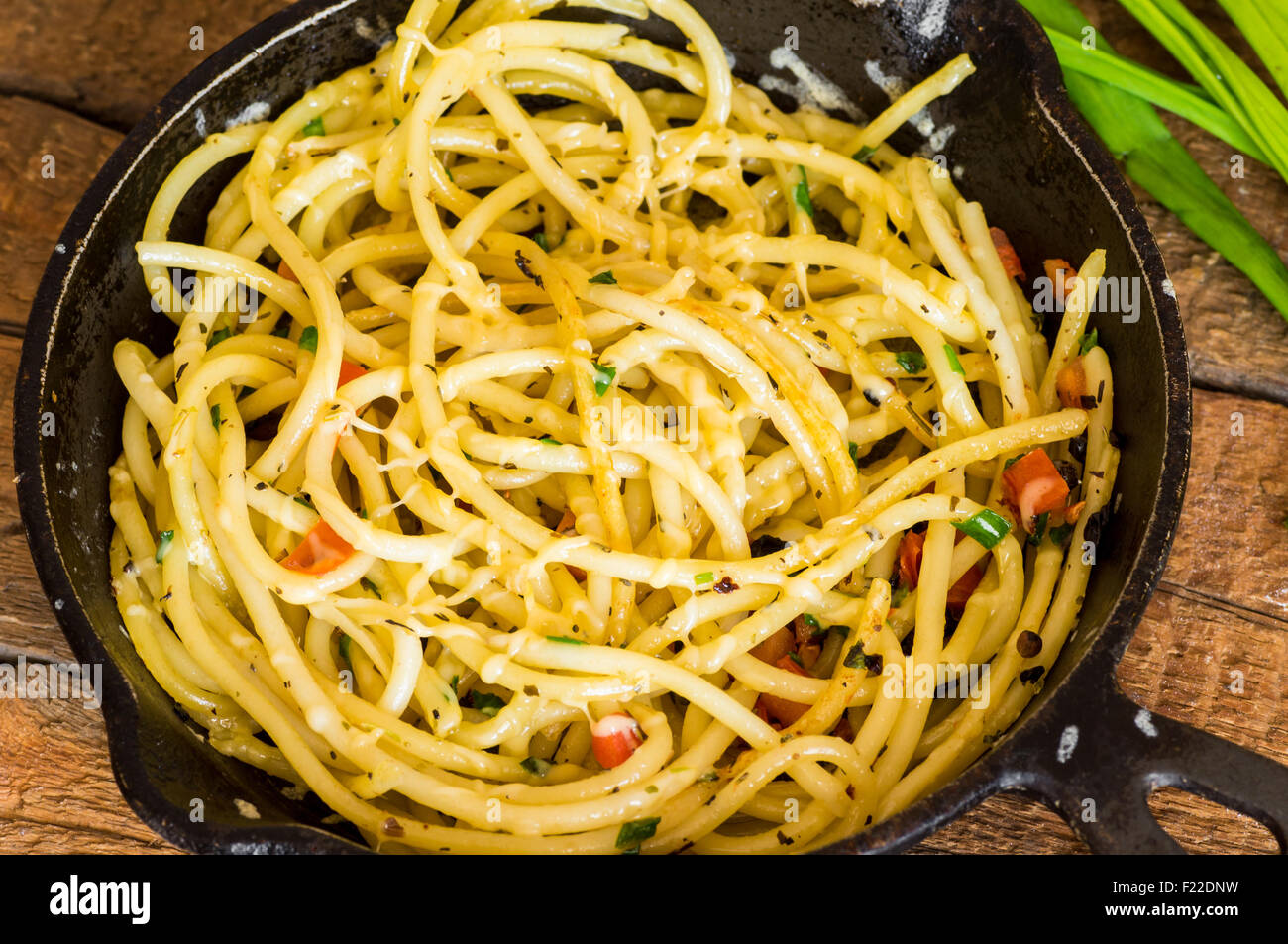 Frying pan with fried pasta top view Stock Photo - Alamy
