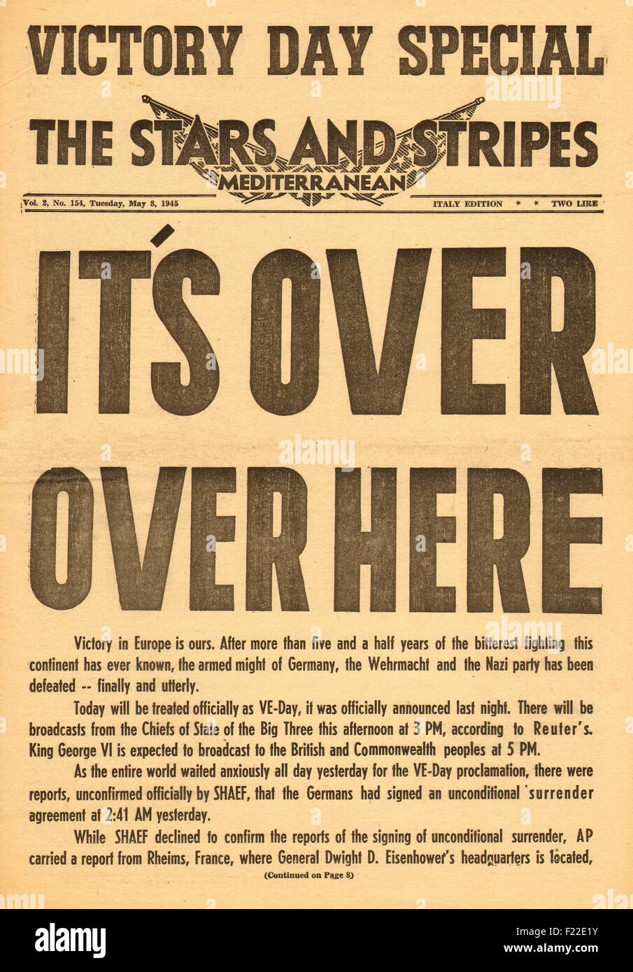 1945 Stars and Stripes (US military newspaper) front page reporting VE ...