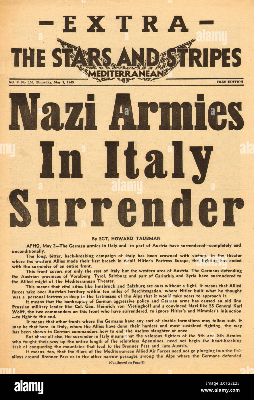 1945 Stars and Stripes (US military newspaper) front page reporting ...