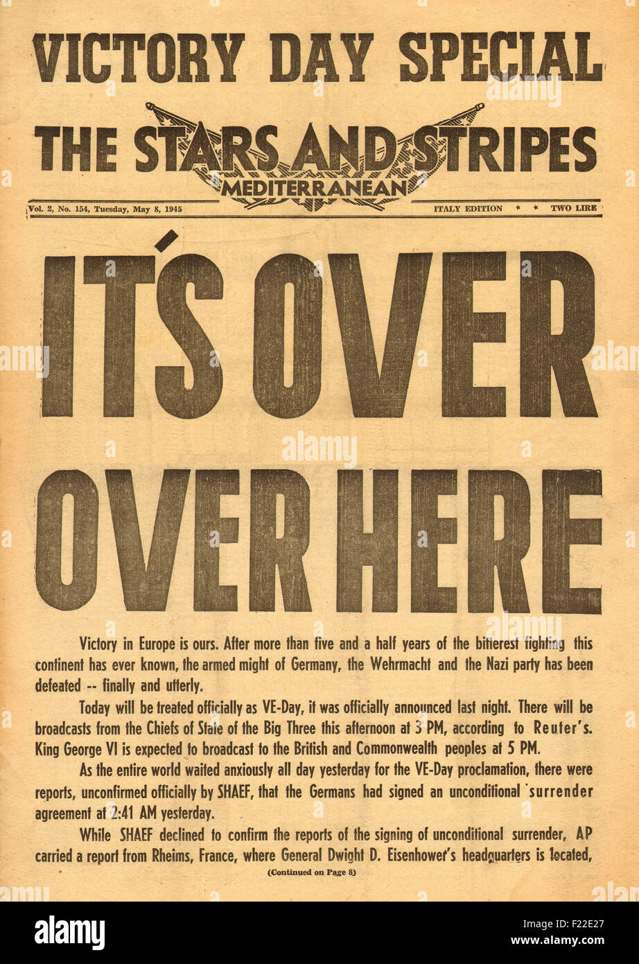 1945 Stars and Stripes (US military newspaper) front page reporting VE ...