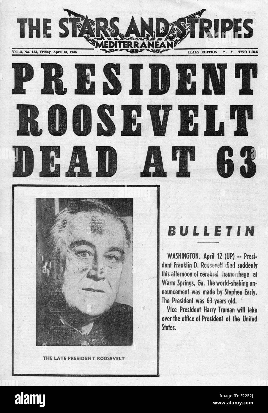 1945 Stars and Stripes (US military newspaper) front page reporting the ...