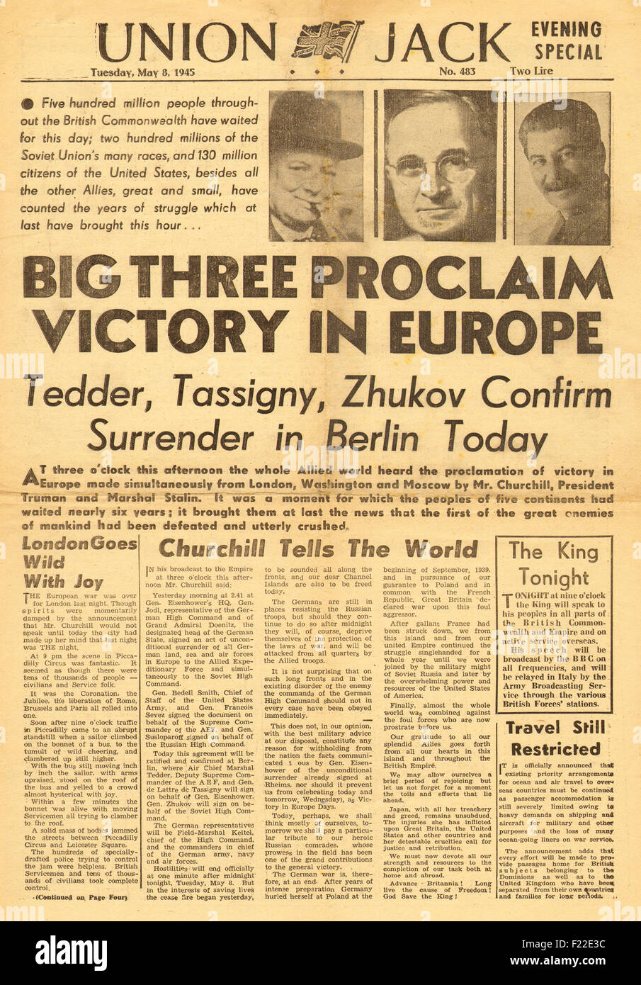 1945 Union Jack (British military newspaper) front page reporting VE ...