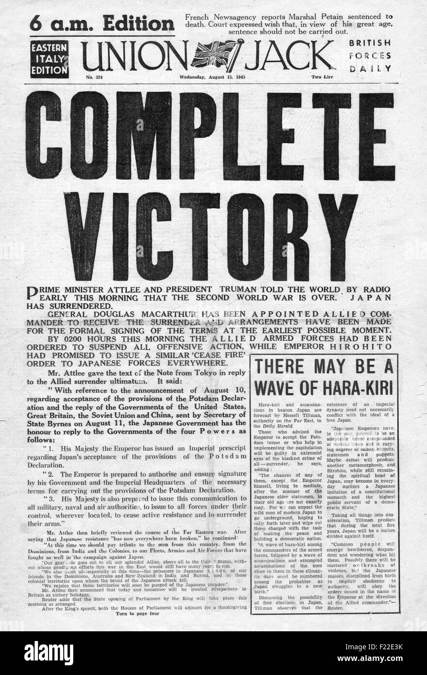 1945 Union Jack (British military newspaper) front page reporting ...
