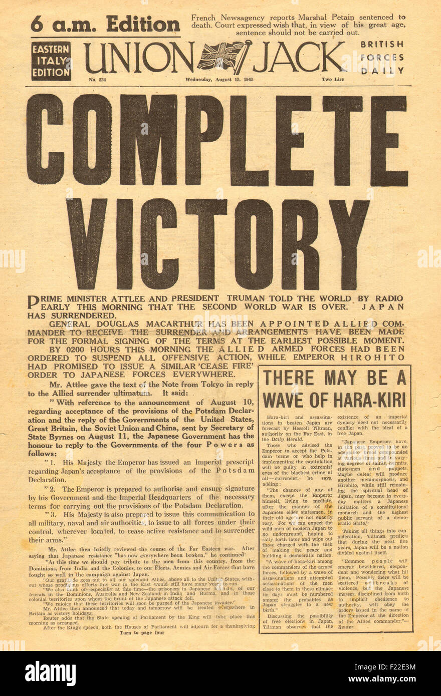 1945 Union Jack (British military newspaper) front page reporting ...
