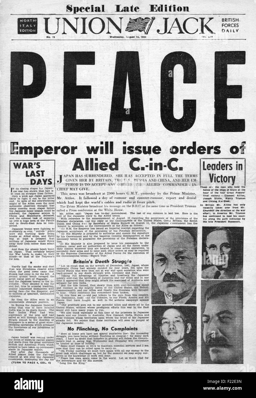 1945 Union Jack (British military newspaper) front page reporting Peace ...