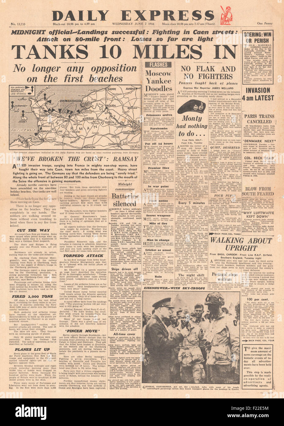 1944 Daily Express front page reporting D-Day landings of Allies at ...