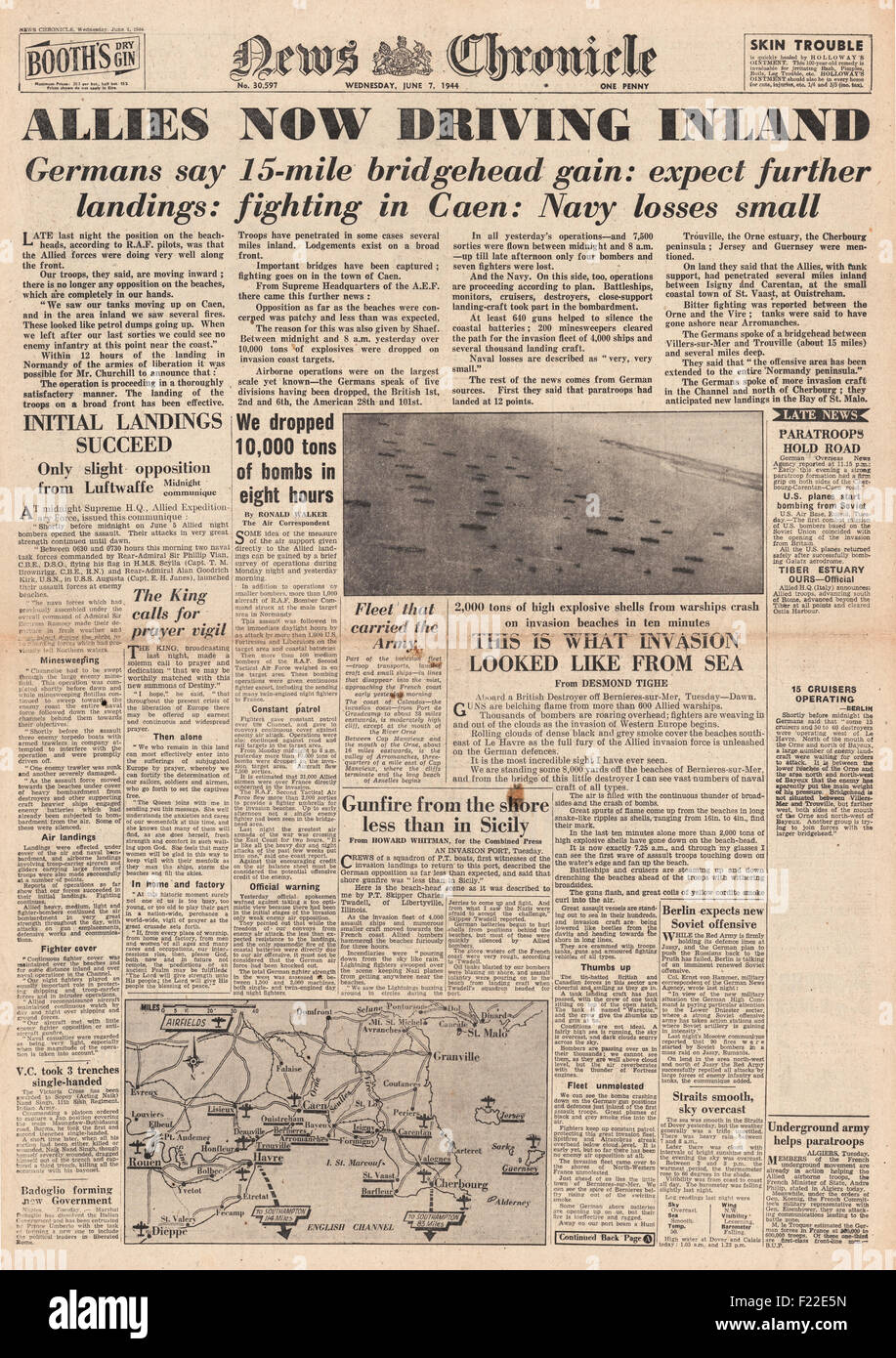 1944 News Chronicle front page reporting D-Day landings of Allies at ...