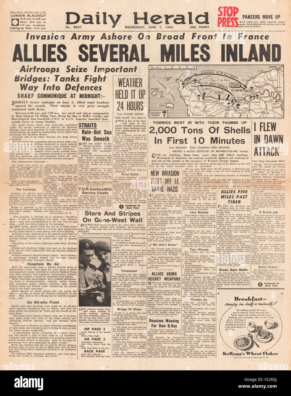 1944 Daily Herald front page reporting D-Day landings of Allies at ...