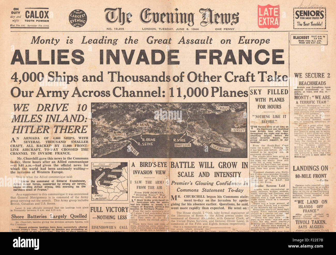 1944 Evening News (London) front page reporting D-Day landings of ...